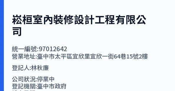 崧桓室內裝修設計工程有限公司的照片-統編 97012642(臺中市) 公司登記資料與營業項目詳細圖表