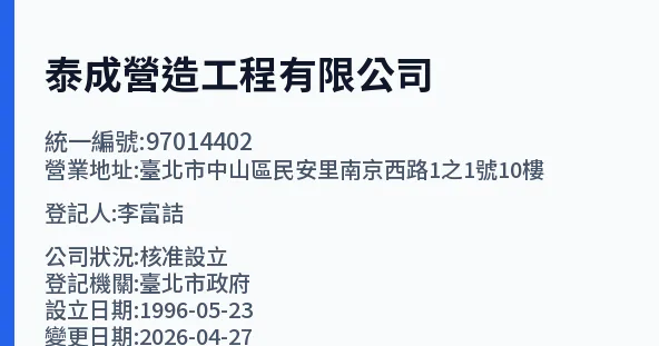 泰成營造工程有限公司的照片-統編 97014402(臺北市) 公司登記資料與營業項目詳細圖表