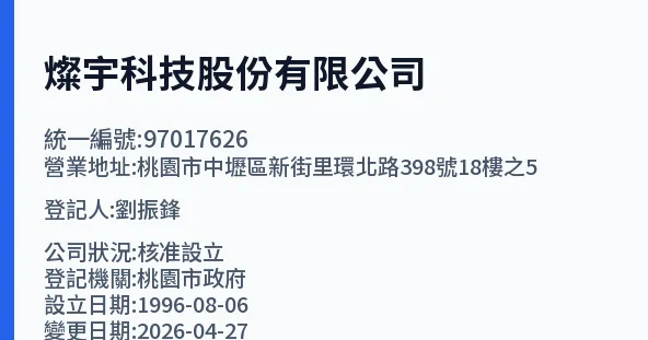 燦宇科技股份有限公司的照片-統編 97017626(桃園市) 公司登記資料與營業項目詳細圖表