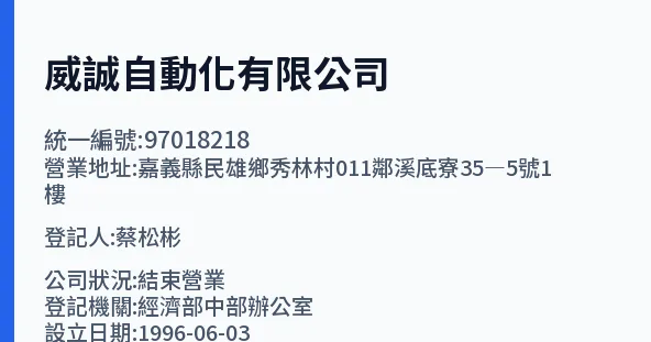 威誠自動化有限公司的照片-統編 97018218(嘉義縣) 公司登記資料與營業項目詳細圖表
