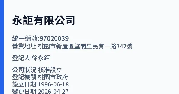 永詎有限公司的照片-統編 97020039(桃園市) 公司登記資料與營業項目詳細圖表