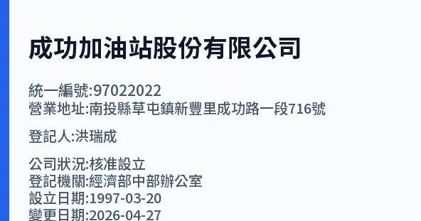 成功加油站股份有限公司的照片-統編 97022022(南投縣) 公司登記資料與營業項目詳細圖表