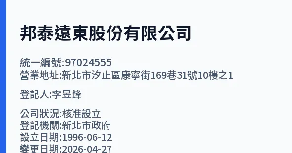 邦泰遠東股份有限公司的照片-統編 97024555(新北市) 公司登記資料與營業項目詳細圖表