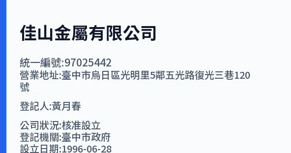 佳山金屬有限公司的照片-統編 97025442(臺中市) 公司登記資料與營業項目詳細圖表