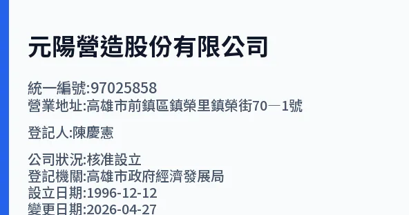 元陽營造股份有限公司的照片-統編 97025858(高雄市) 公司登記資料與營業項目詳細圖表