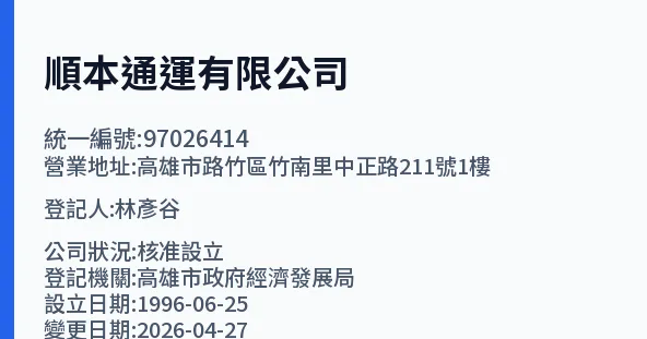 順本通運有限公司的照片-統編 97026414(高雄市) 公司登記資料與營業項目詳細圖表