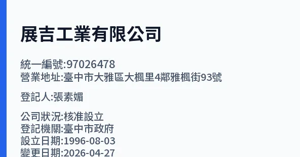 展吉工業有限公司的照片-統編 97026478(臺中市) 公司登記資料與營業項目詳細圖表