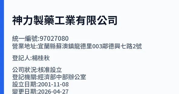 神力製藥工業有限公司的照片-統編 97027080(宜蘭縣) 公司登記資料與營業項目詳細圖表