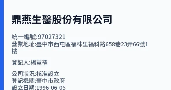 鼎燕生醫股份有限公司的照片-統編 97027321(臺中市) 公司登記資料與營業項目詳細圖表