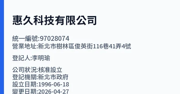 惠久科技有限公司的照片-統編 97028074(新北市) 公司登記資料與營業項目詳細圖表