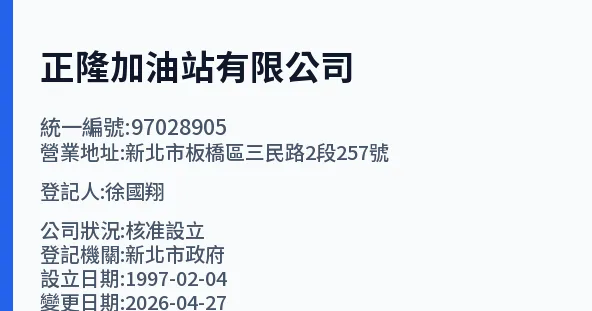 正隆加油站有限公司的照片-統編 97028905(新北市) 公司登記資料與營業項目詳細圖表