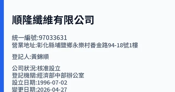 順隆纖維有限公司的照片-統編 97033631(彰化縣) 公司登記資料與營業項目詳細圖表