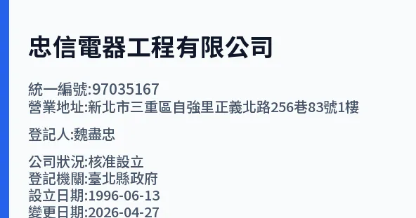忠信電器工程有限公司的照片-統編 97035167(新北市) 公司登記資料與營業項目詳細圖表