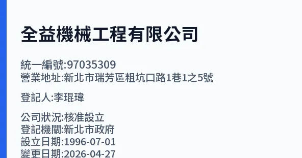 全益機械工程有限公司的照片-統編 97035309(新北市) 公司登記資料與營業項目詳細圖表