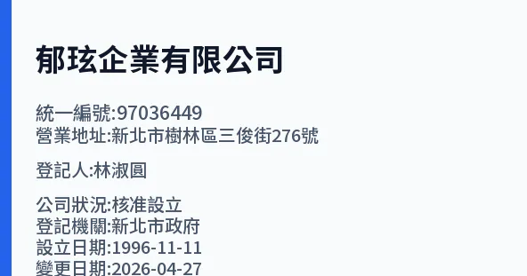 郁玹企業有限公司的照片-統編 97036449(新北市) 公司登記資料與營業項目詳細圖表