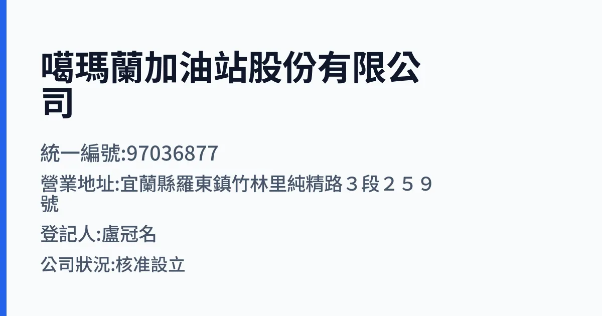 噶瑪蘭加油站股份有限公司 - 統編 97036877(宜蘭縣) 公司登記資料與營業項目詳細圖表