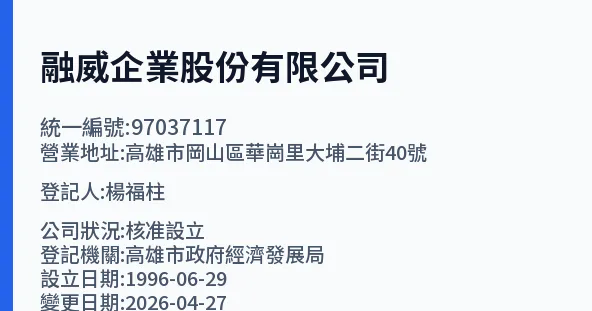 融威企業股份有限公司的照片-統編 97037117(高雄市) 公司登記資料與營業項目詳細圖表