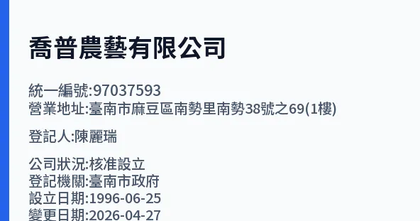喬普農藝有限公司的照片-統編 97037593(臺南市) 公司登記資料與營業項目詳細圖表