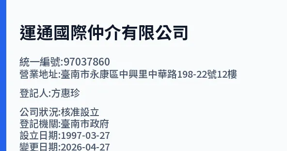 運通國際仲介有限公司的照片-統編 97037860(臺南市) 公司登記資料與營業項目詳細圖表