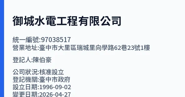 御城水電工程有限公司的照片-統編 97038517(臺中市) 公司登記資料與營業項目詳細圖表
