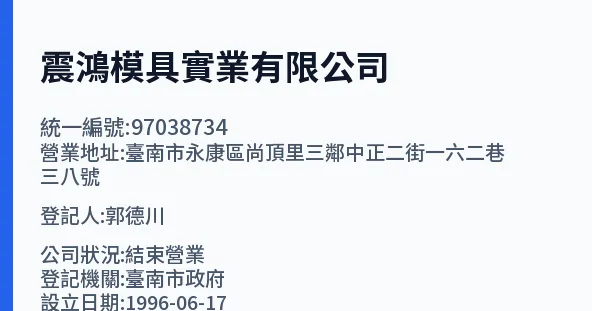 震鴻模具實業有限公司的照片-統編 97038734(臺南市) 公司登記資料與營業項目詳細圖表