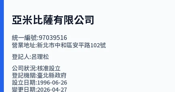 亞米比薩有限公司的照片-統編 97039516(新北市) 公司登記資料與營業項目詳細圖表
