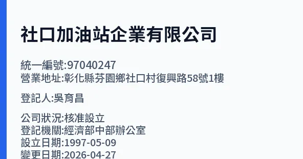 社口加油站企業有限公司的照片-統編 97040247(彰化縣) 公司登記資料與營業項目詳細圖表