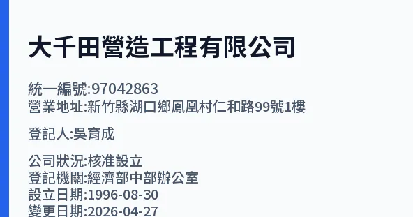 大千田營造工程有限公司的照片-統編 97042863(新竹縣) 公司登記資料與營業項目詳細圖表