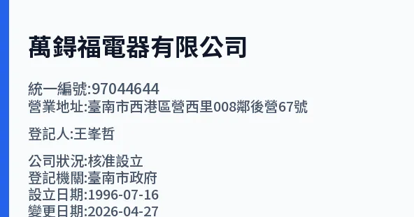萬鍀福電器有限公司的照片-統編 97044644(臺南市) 公司登記資料與營業項目詳細圖表