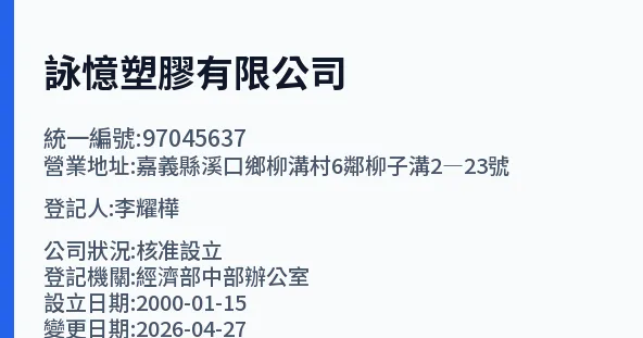 詠憶塑膠有限公司的照片-統編 97045637(嘉義縣) 公司登記資料與營業項目詳細圖表