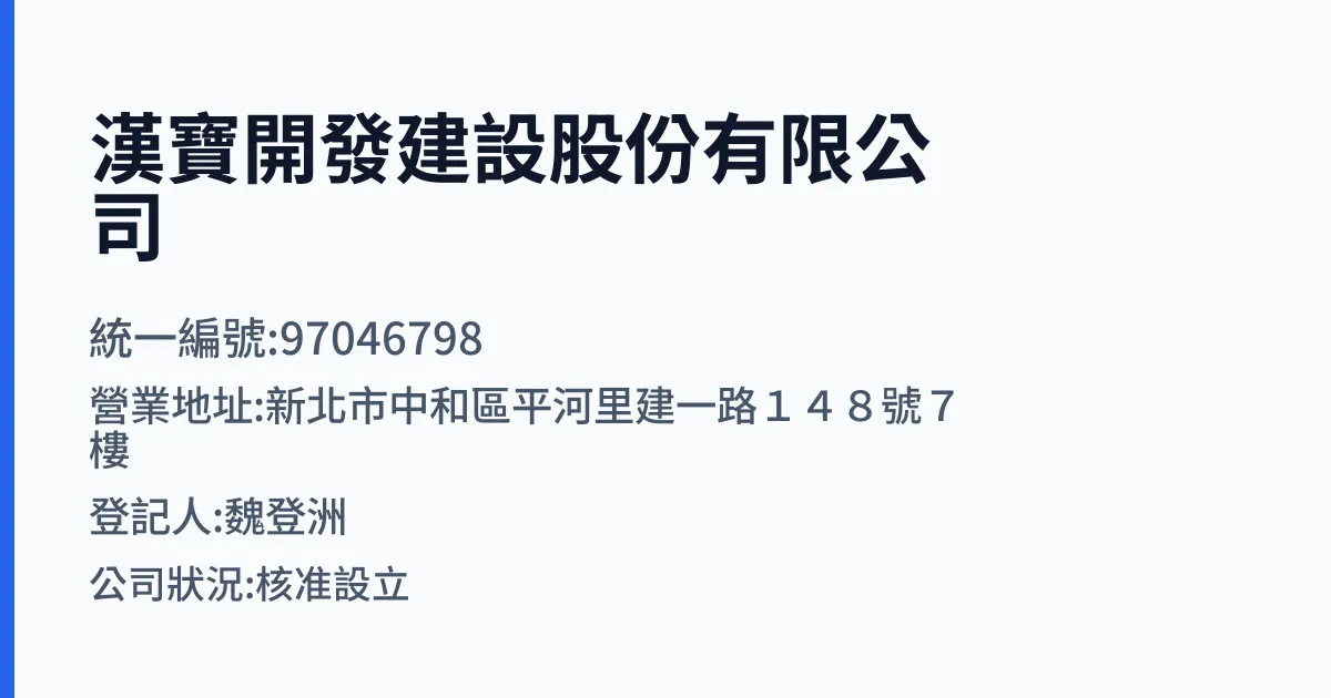 漢寶開發建設股份有限公司 - 統編 97046798(新北市) 公司登記資料與營業項目詳細圖表
