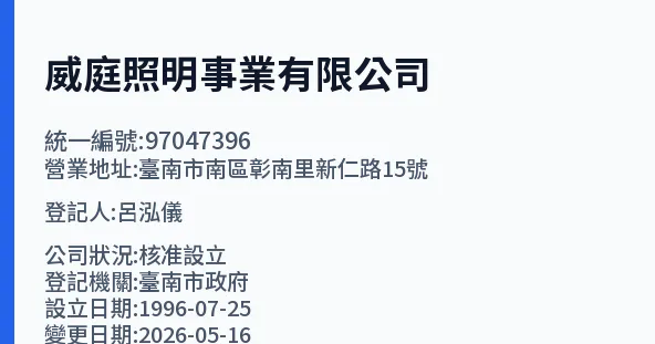 威庭照明事業有限公司的照片-統編 97047396(臺南市) 公司登記資料與營業項目詳細圖表