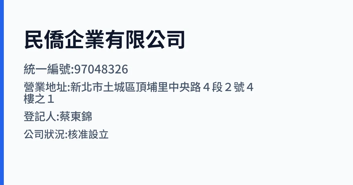 民僑企業有限公司 - 統編 97048326(新北市) 公司登記資料與營業項目詳細圖表