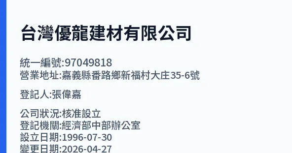台灣優龍建材有限公司的照片-統編 97049818(嘉義縣) 公司登記資料與營業項目詳細圖表