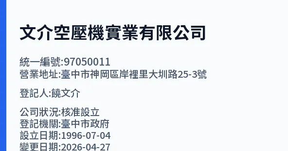 文介空壓機實業有限公司的照片-統編 97050011(臺中市) 公司登記資料與營業項目詳細圖表