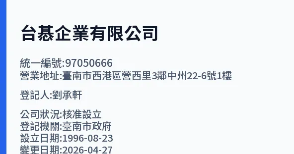 台惎企業有限公司的照片-統編 97050666(臺南市) 公司登記資料與營業項目詳細圖表