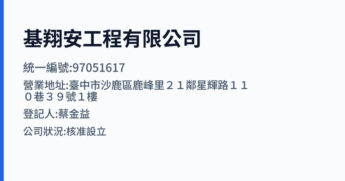基翔安工程有限公司 - 統編 97051617(臺中市) 公司登記資料與營業項目詳細圖表