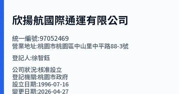 欣揚航國際通運有限公司的照片-統編 97052469(桃園市) 公司登記資料與營業項目詳細圖表