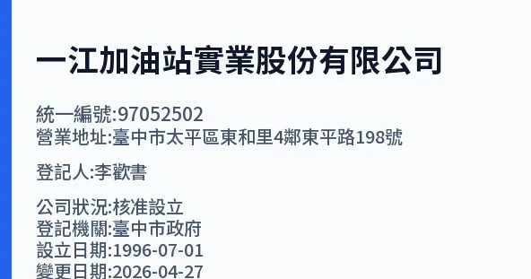 一江加油站實業股份有限公司的照片-統編 97052502(臺中市) 公司登記資料與營業項目詳細圖表