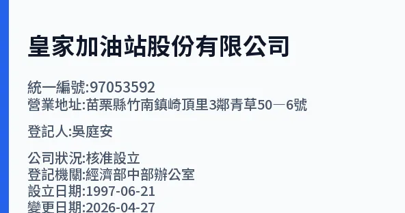 皇家加油站股份有限公司的照片-統編 97053592(苗栗縣) 公司登記資料與營業項目詳細圖表