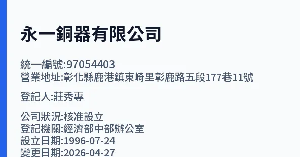 永一銅器有限公司的照片-統編 97054403(彰化縣) 公司登記資料與營業項目詳細圖表