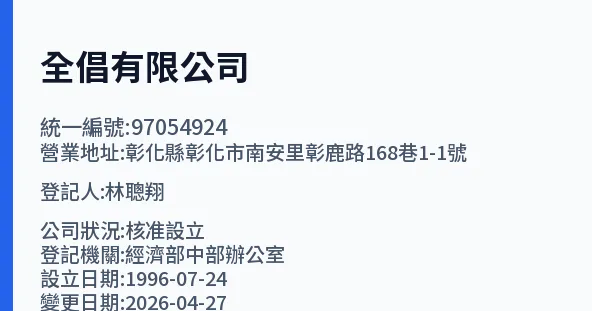 全倡有限公司的照片-統編 97054924(彰化縣) 公司登記資料與營業項目詳細圖表