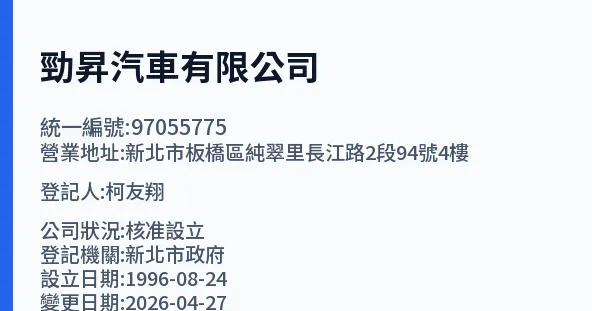 勁昇汽車有限公司的照片-統編 97055775(新北市) 公司登記資料與營業項目詳細圖表