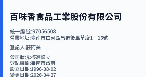 百味香食品工業股份有限公司的照片-統編 97056508(臺南市) 公司登記資料與營業項目詳細圖表