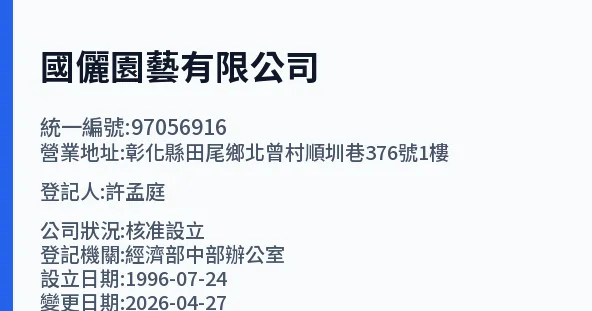 國儷園藝有限公司的照片-統編 97056916(彰化縣) 公司登記資料與營業項目詳細圖表