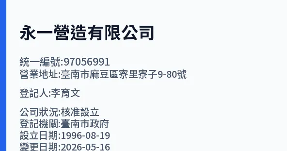永一營造有限公司的照片-統編 97056991(臺南市) 公司登記資料與營業項目詳細圖表