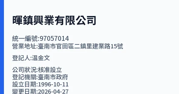 暉鎮興業有限公司的照片-統編 97057014(臺南市) 公司登記資料與營業項目詳細圖表