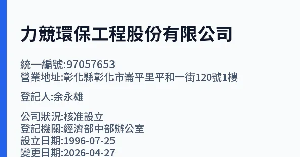 力競環保工程股份有限公司的照片-統編 97057653(彰化縣) 公司登記資料與營業項目詳細圖表