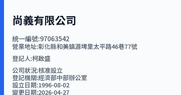 尚義有限公司的照片-統編 97063542(彰化縣) 公司登記資料與營業項目詳細圖表