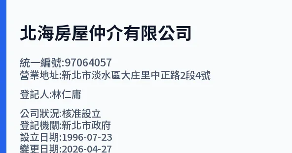 北海房屋仲介有限公司的照片-統編 97064057(新北市) 公司登記資料與營業項目詳細圖表